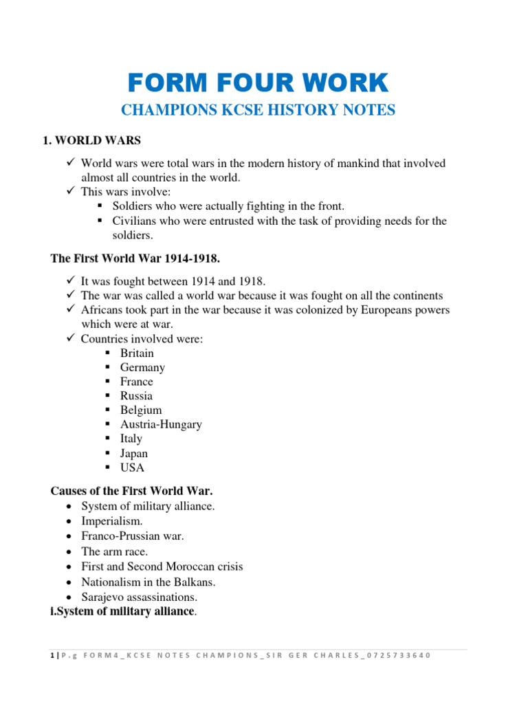 History Form 4 Notes Champions | PDF | League Of Nations | World War II