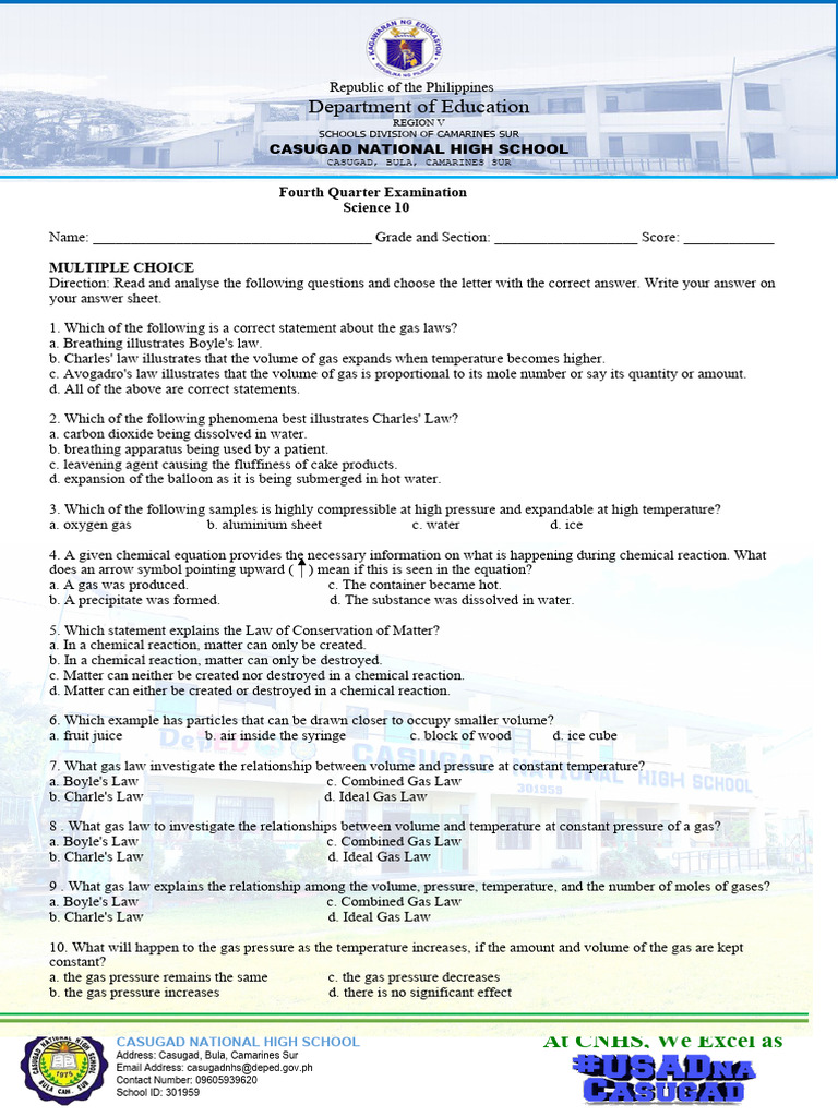 Science 10 - Exam - 4th Q | PDF | Gases | Macromolecules