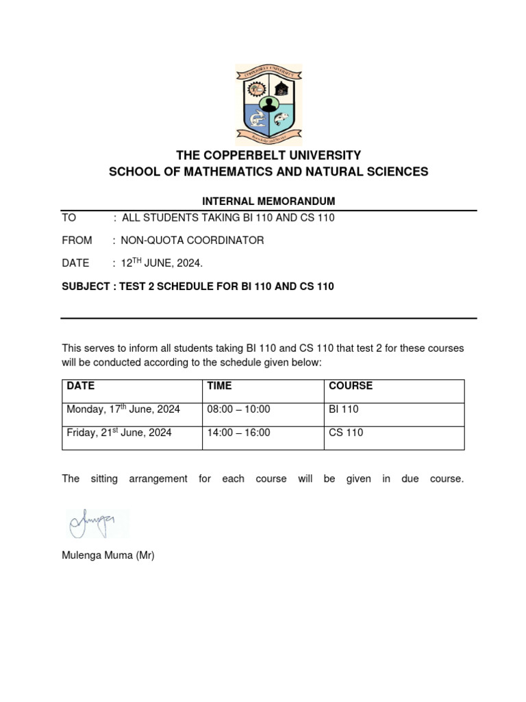 TEST 2 SCHEDULE FOR BI 110 and CS 110 | PDF