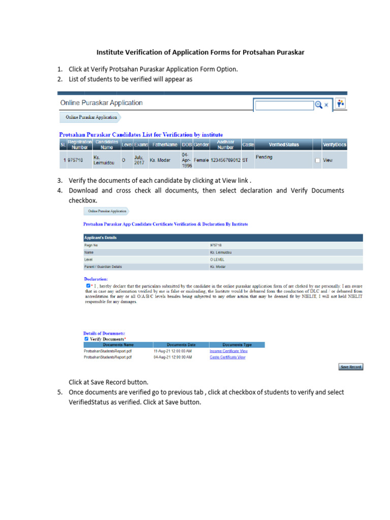 Protsahan Puraskar Application Verification Guide | PDF