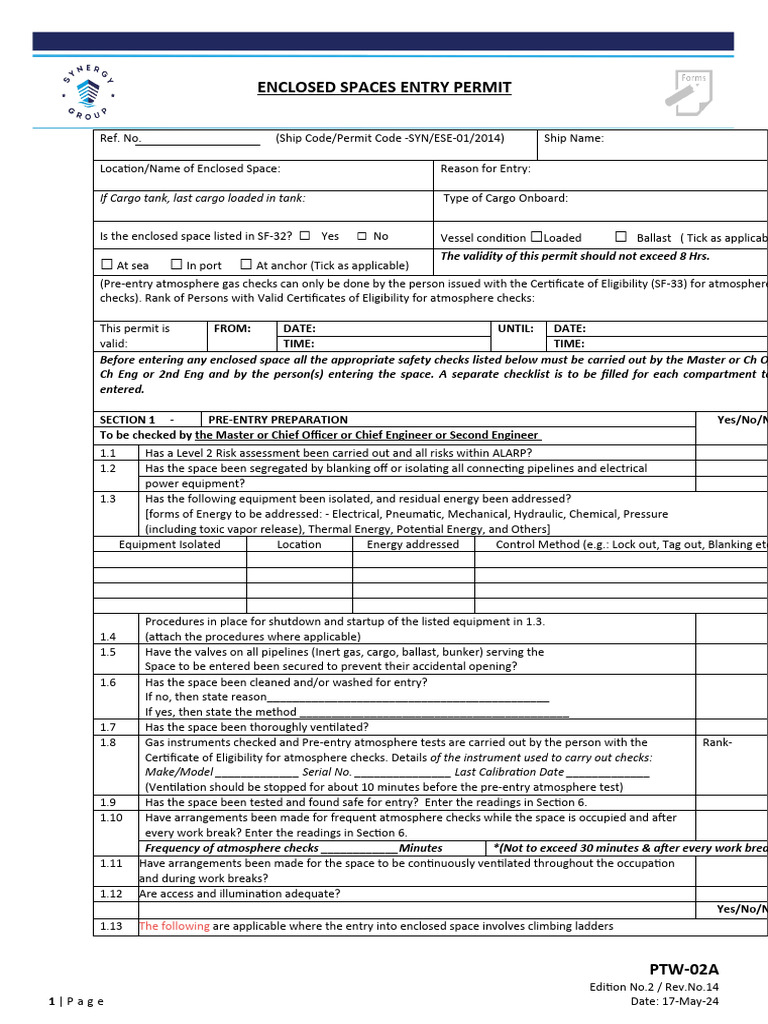 PTW 02A - Enclosed Space Permit | PDF | Atmospheric Entry | Safety