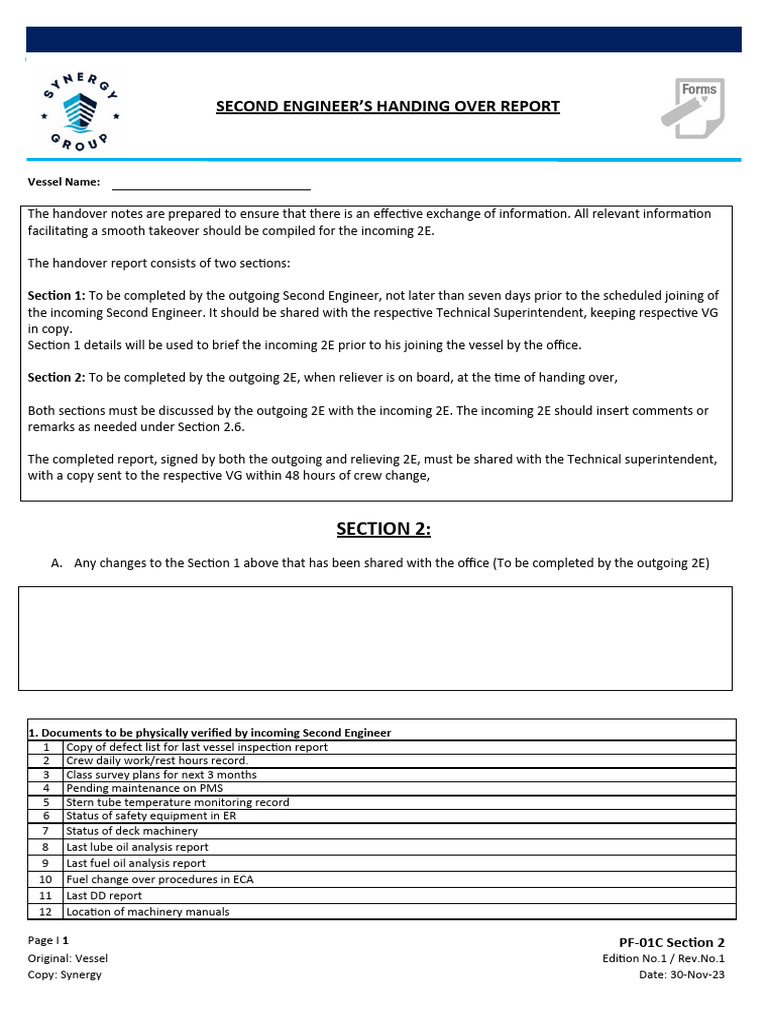 PF-01C Second Engineer Handing Over Report-Section 2 | PDF