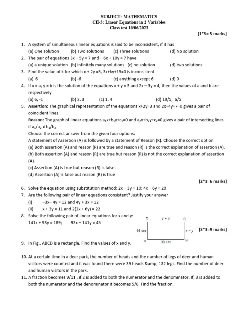 10th Class Test Linear Equation Class Test | PDF | Equations | System ...