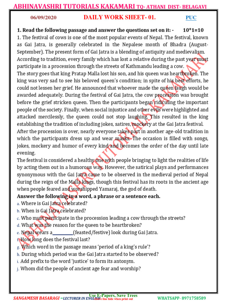 2nd Puc English Daily Worksheet-1 by Sangamesh Basaragi | PDF