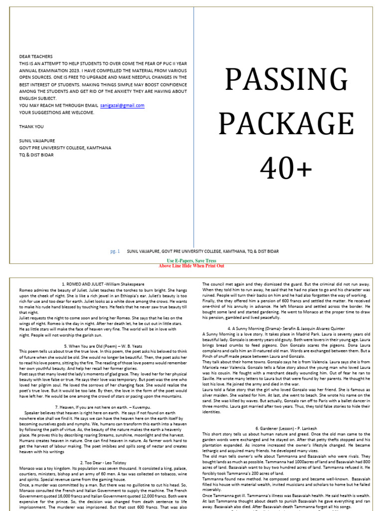 2nd Puc English Passing Package 40 Marks 2022-23 by Sunil Vaijapura ...