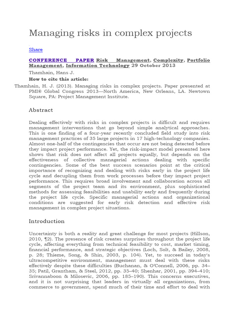 Managing Risks in Complex Projects | PDF | Risk | Risk Management Managing Risks in Complex Projects | PDF | Risk | Risk Management