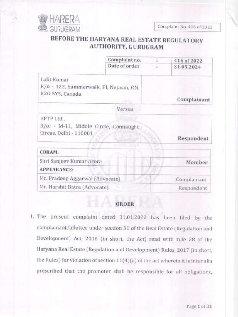 Haryana Rera BPTP | PDF | Law | Technology & Engineering