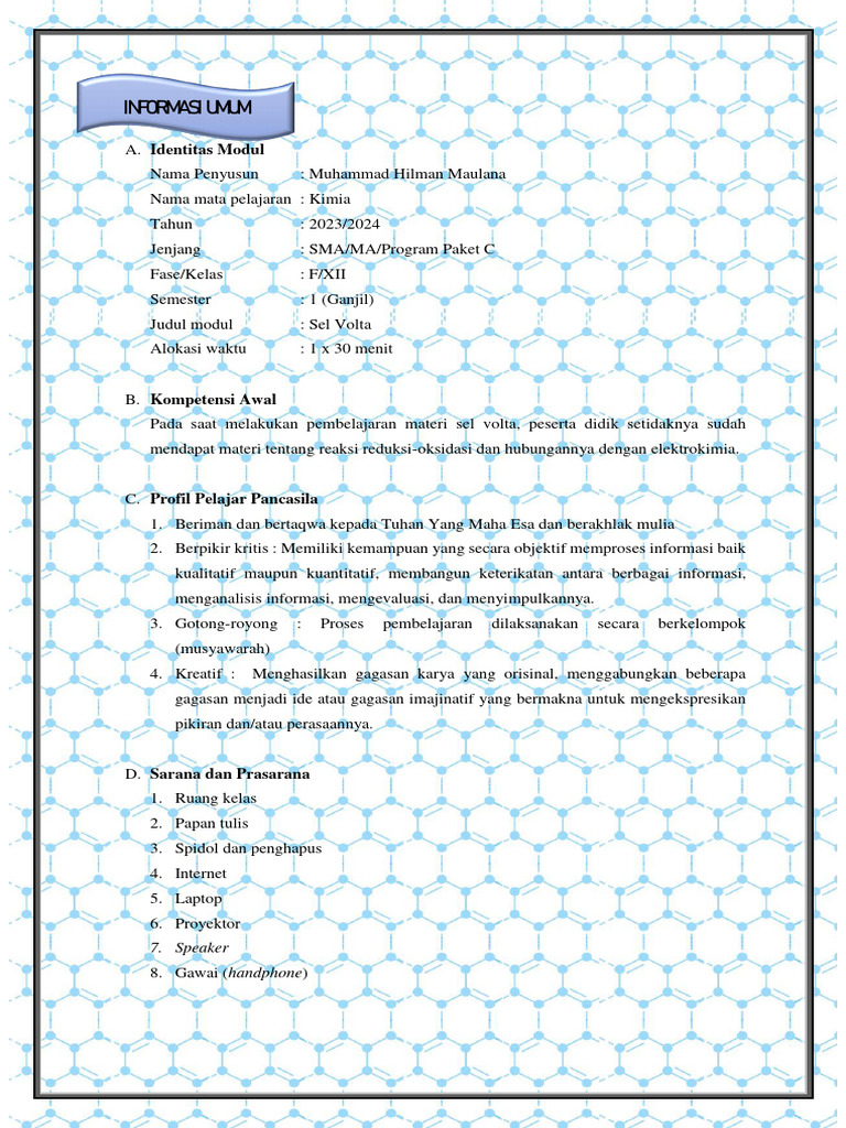 Modul Pembelajaran Sel Volta Kimia SMA | PDF