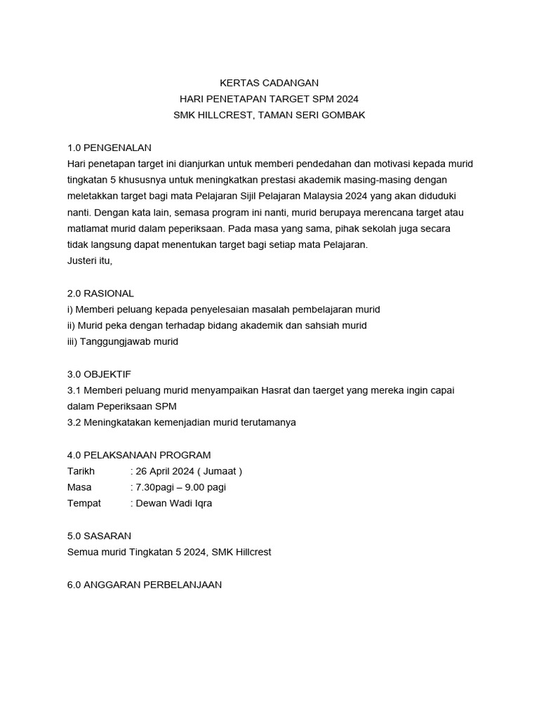 Kertas Cadangan Hari Penetapan Target Spm Pdf