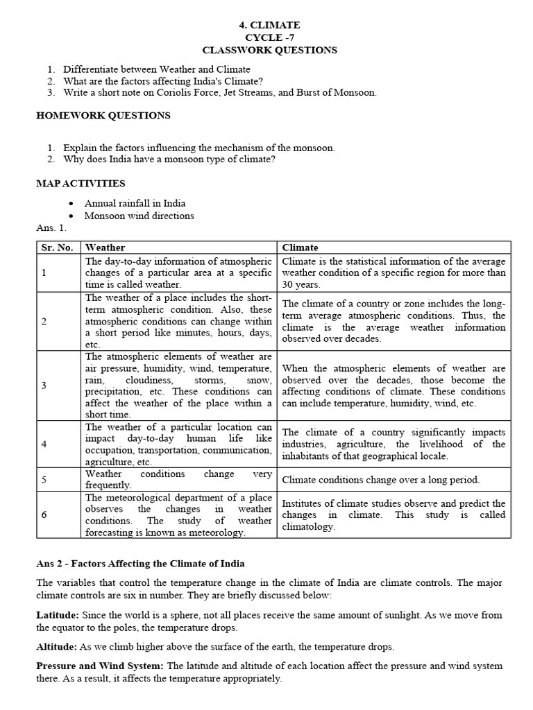 CLIMATE - HW - CW - MAP - WORK - AND - ACTIVITY - Cycle - 7 2 | PDF ...