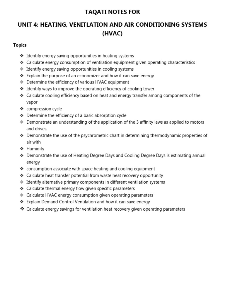 TAQATI Notes Unit 4 HVAC | PDF | Air Conditioning | Heat TAQATI Notes Unit 4 HVAC | PDF | Air Conditioning | Heat