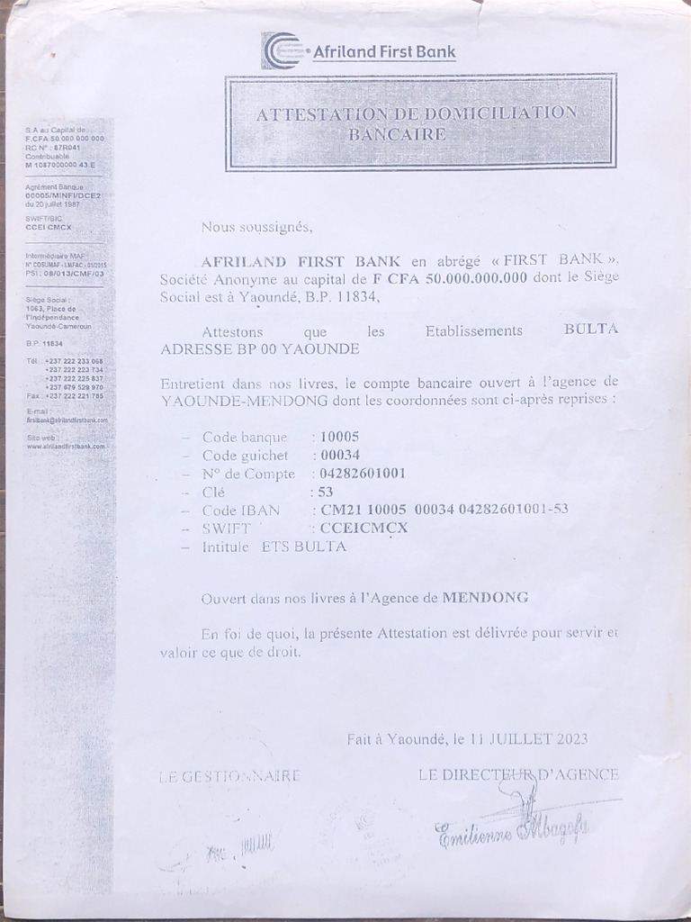 Attestation de Domiciliation Bancaire | PDF Attestation de Domiciliation Bancaire | PDF