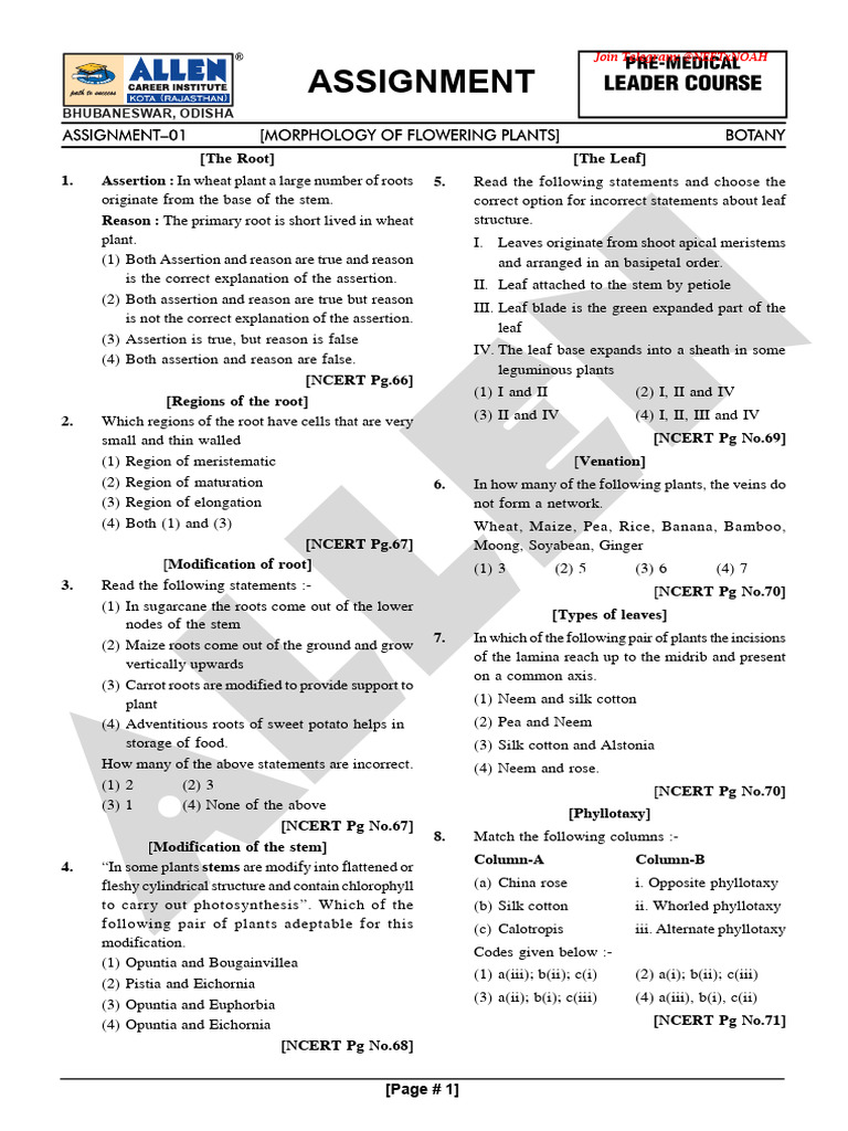 Asgmt 01 To 02 Morphology of Flowering Plants Bot Neet Leader SC | PDF | Plant Reproduction ...