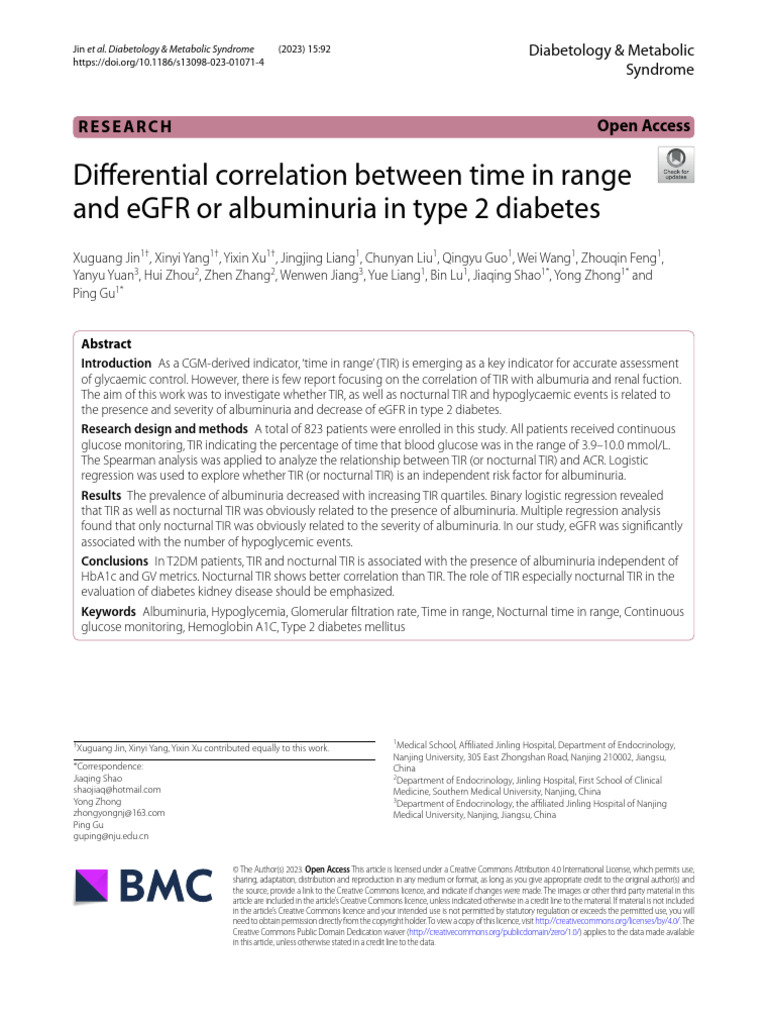 Differential Correlation Between Time in Range and EGFR or Albuminuria ...