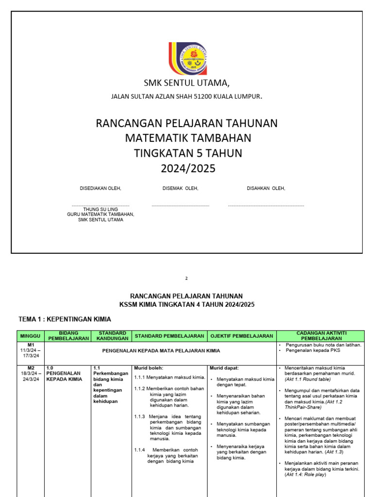 RPT KSSM Kimia Tingkatan 4 Tahun 202425 | PDF