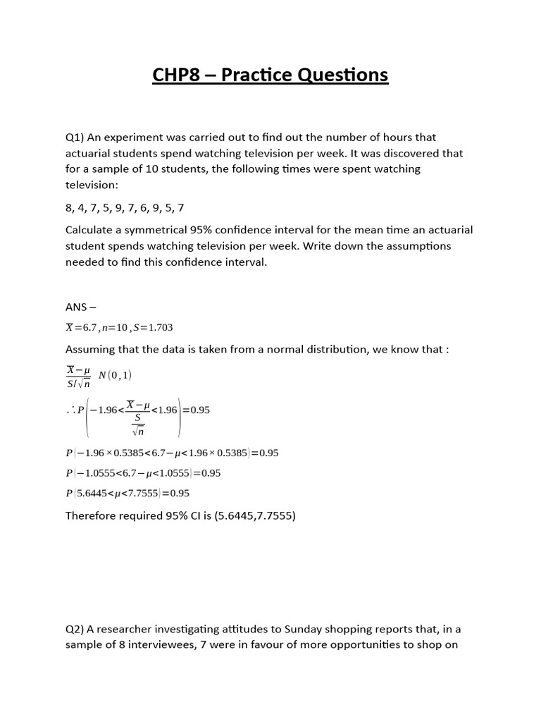 CHP8 Practice Questions | PDF | Confidence Interval | Poisson Distribution