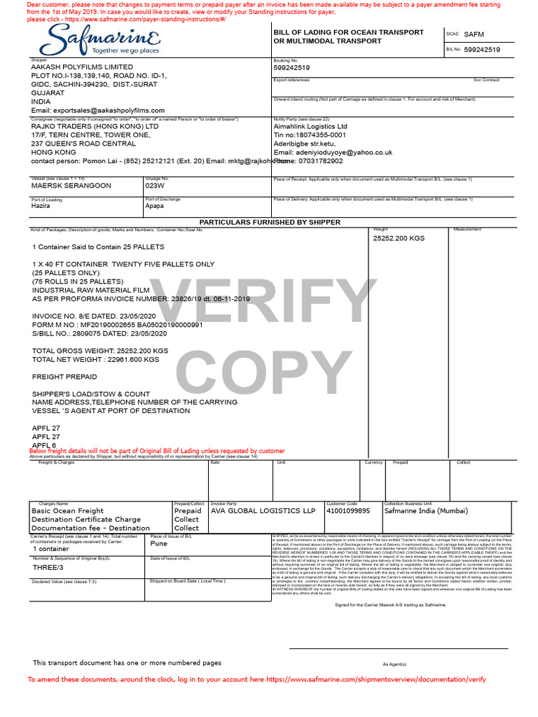 Verfied Draft BL 599242519 | PDF | Bill Of Lading | Cargo