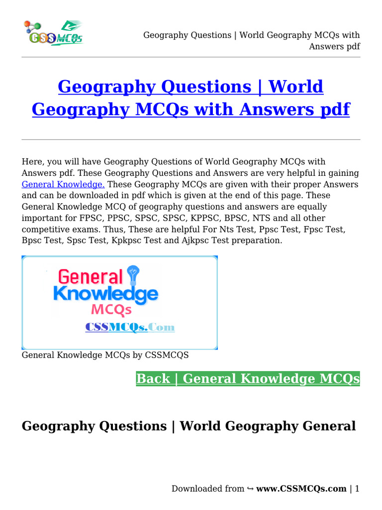 Geography Questions - World Geography MCQs With Answers PDF | PDF ...
