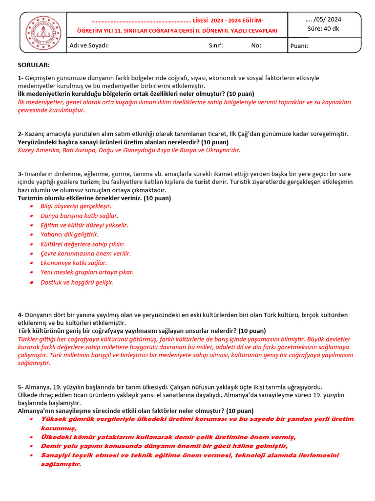 11 Sinif 2 Donem 2 Yazili Cevap Anahtari 2024 | PDF