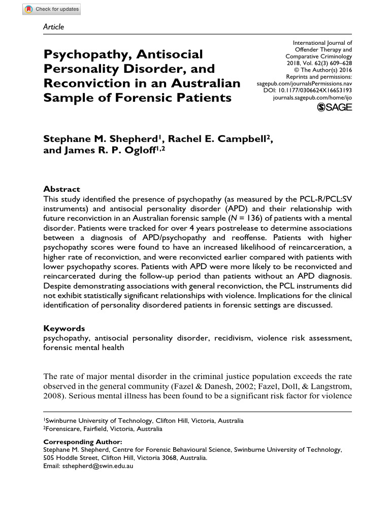 Psychopathy, Antisocial Personality Disorder, and Reconviction in An ...