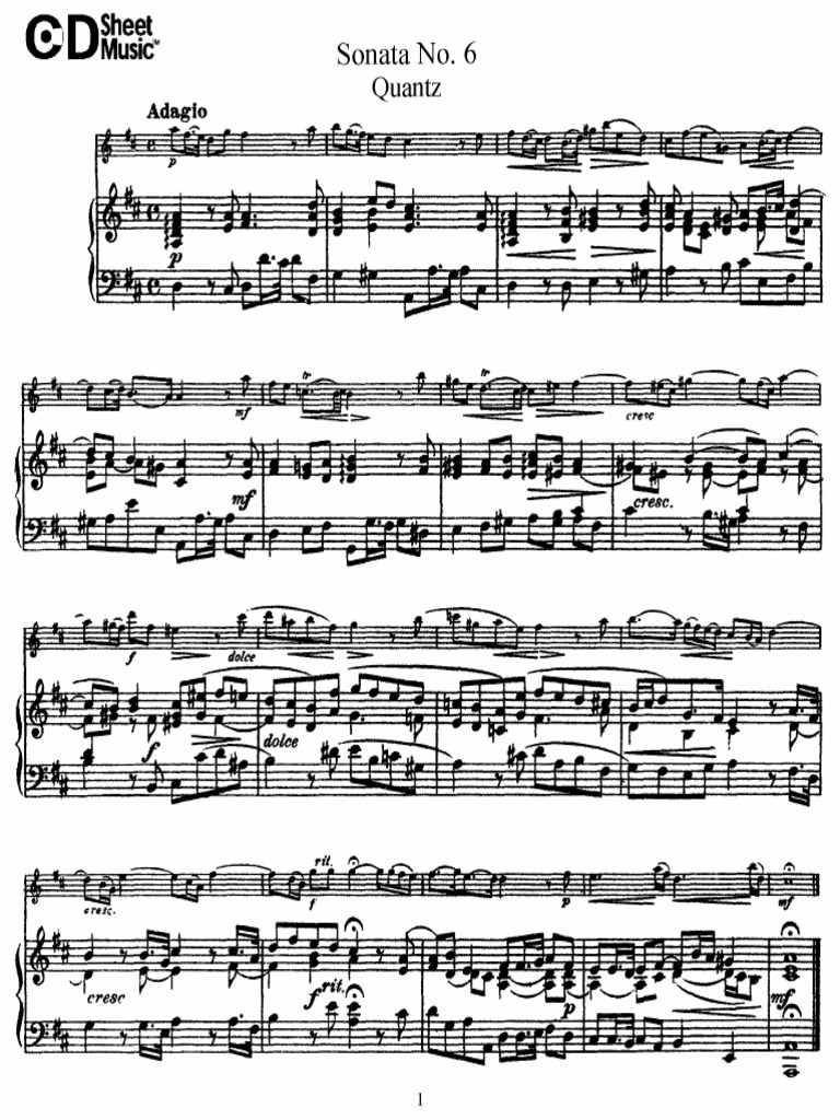 Quantz, JJ - Sonata N 6 en Re M - Piano Score | PDF