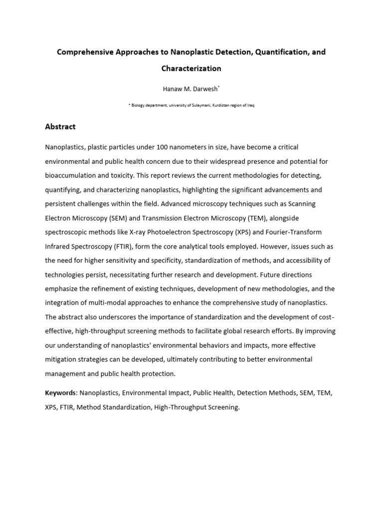 Comprehensive Approaches To Nanoplastic Detection, Quantification, and ...