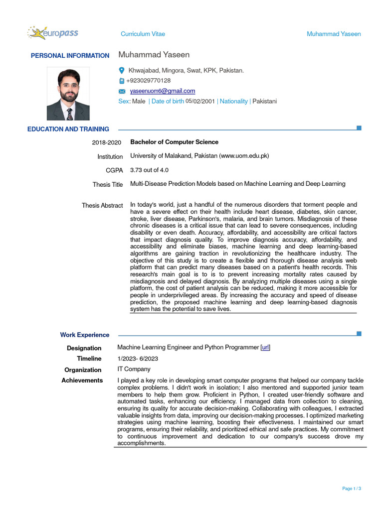 Muhammad Yaseen - Europass CV | Download Free PDF | Machine Learning | Artificial Intelligence