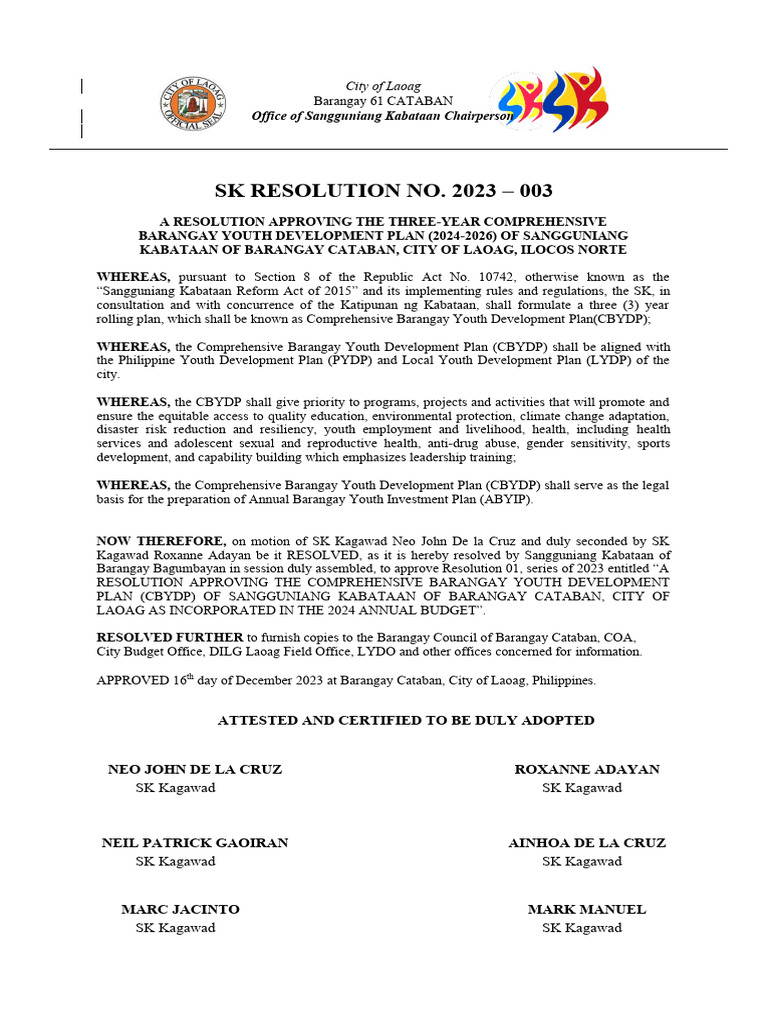 SK Resolution No. 2023 - 003 (CBYDP Resolution) | PDF