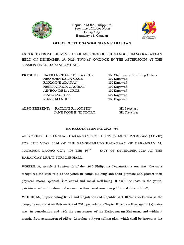 SK Resolution No. 2023 - 004 (Approving ABYIP) | PDF | Justice | Crime ...