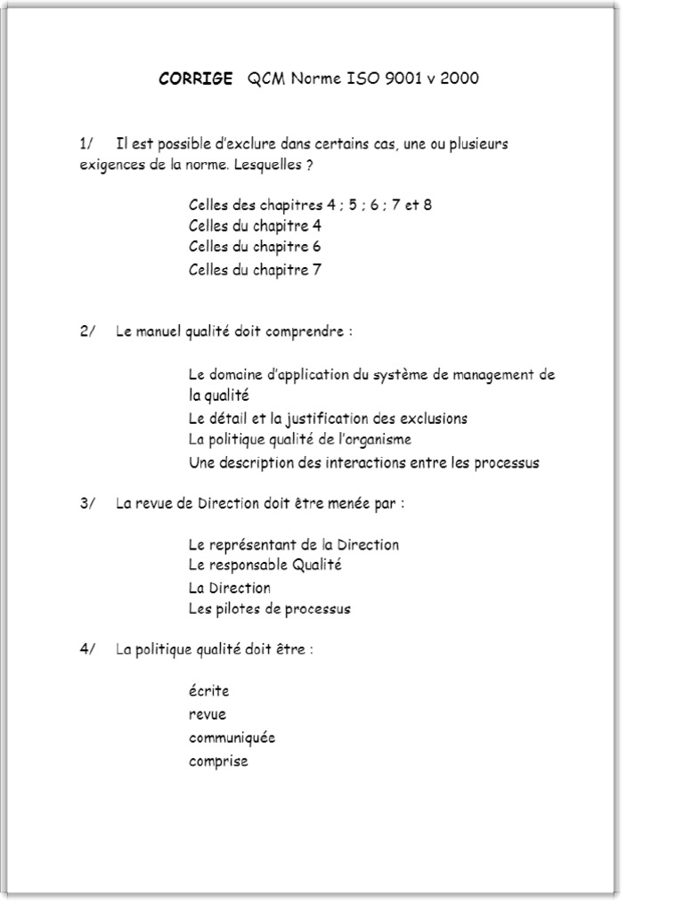 QCM Norme ISO 9001 V PDF Téléchargement Gratuit | PDF