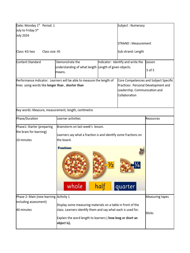 KG2 Numeracy Lesson: Measuring Length | PDF | Learning | Length