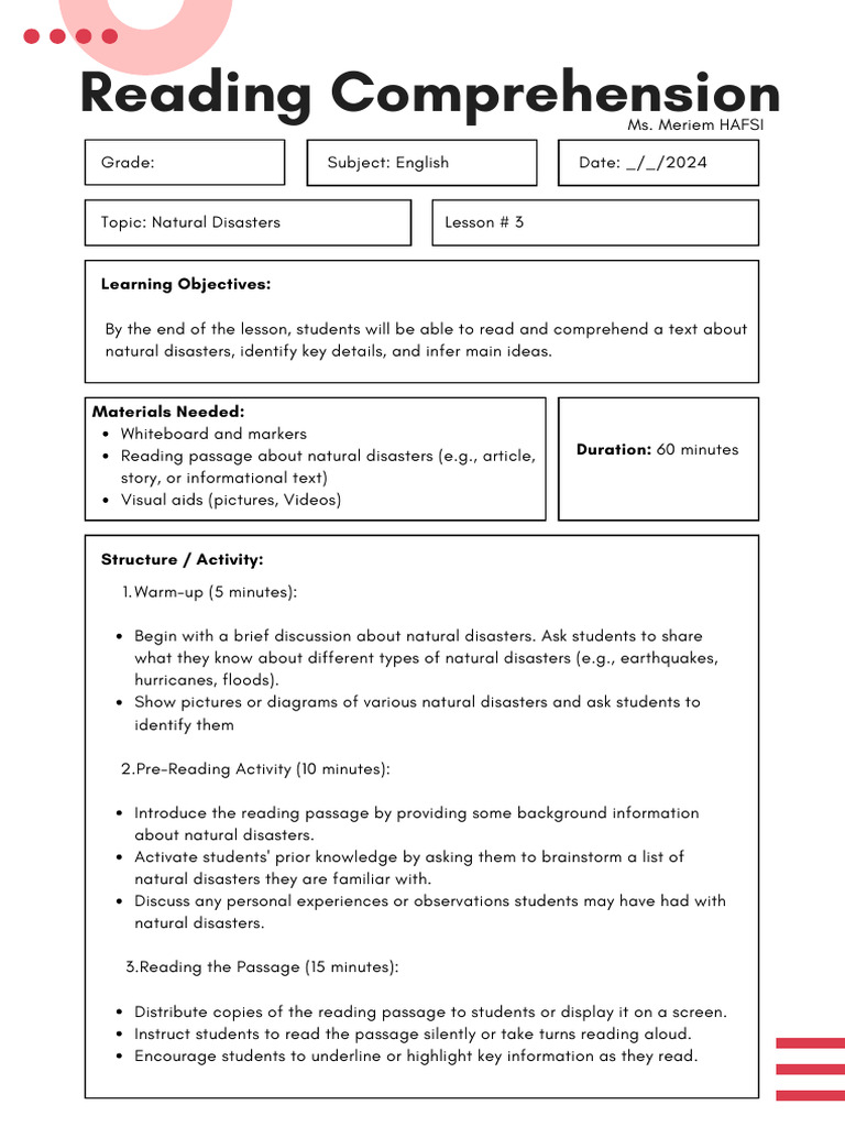Lesson Plan Reading | PDF | Reading Comprehension | Education Theory