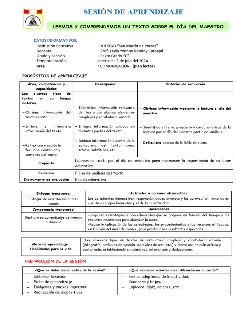 D3 Sesión Plan Lector. Leemos y Comprendemos Un Texto Por El Día Del Maestro | PDF | Evaluación ...