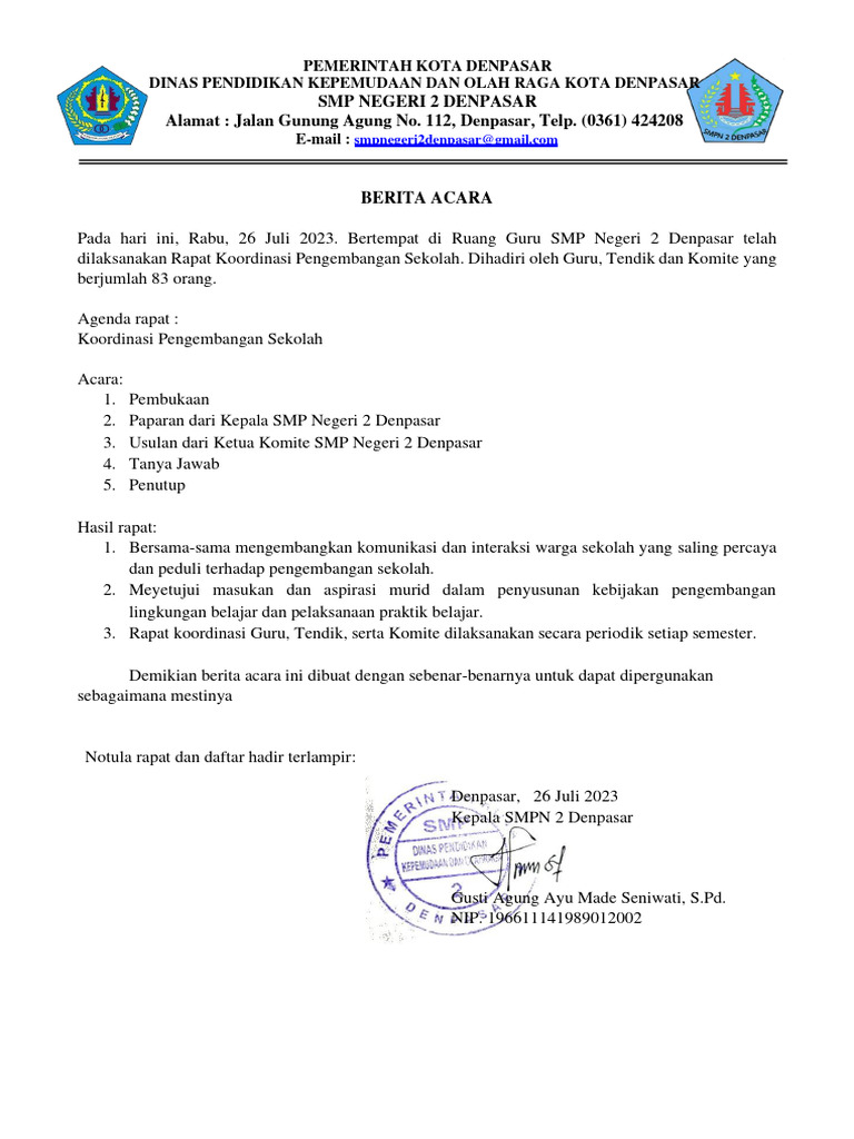 Berita Acara J Notulen J Daftar Hadir Rapat Koordinasi Guru J Tendik J Komite 26-7-2023 | PDF ...