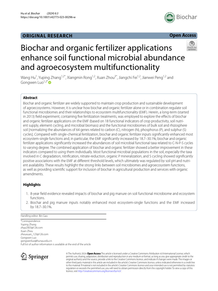Biochar and Organic Fertilizer Applications Enhance Soil Functional Microbial Abundance and ...