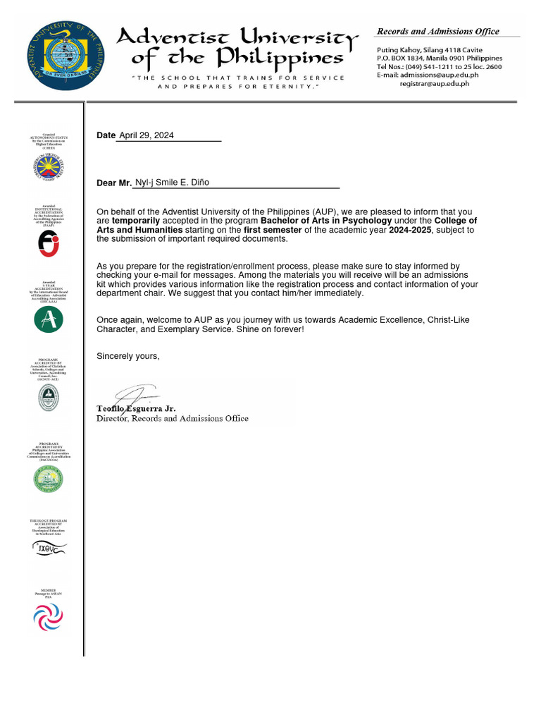 AUP Acceptance Letter | PDF