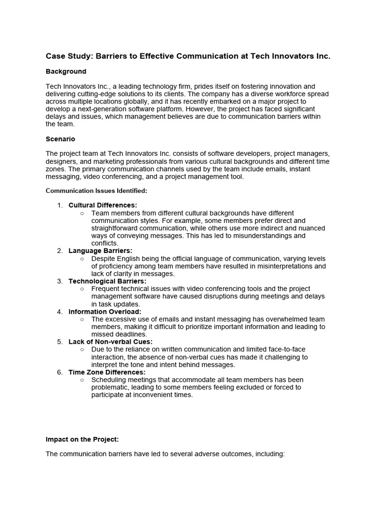 Case Study - Barriers To Effective Communication at Tech Innovators Inc ...