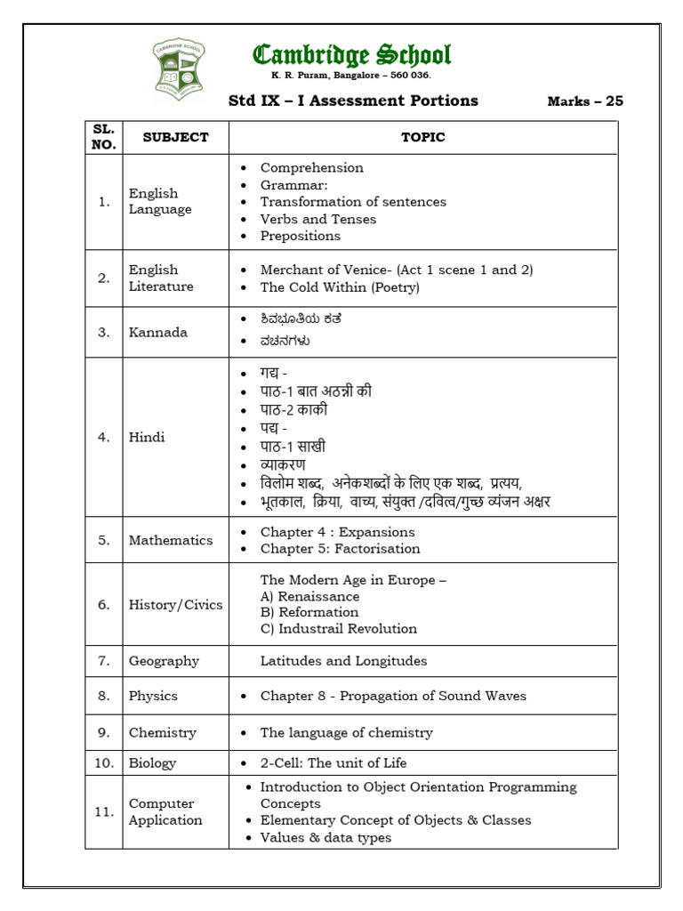 STD 9 First Assessment Portions Timetable 1624272197 | PDF | English Language | Linguistics