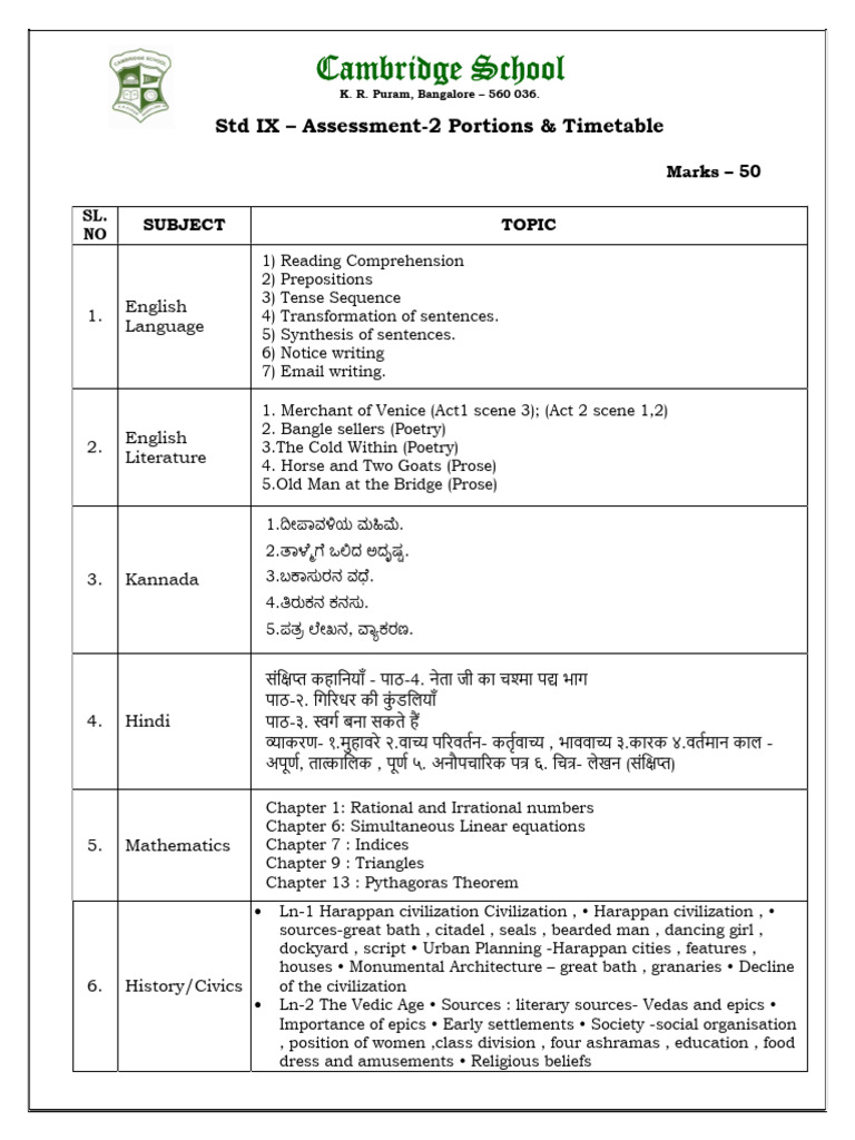 STD 9 Assessment 2 Portions Timetable 1630473113 | PDF | Cooperative | Joint Stock Company