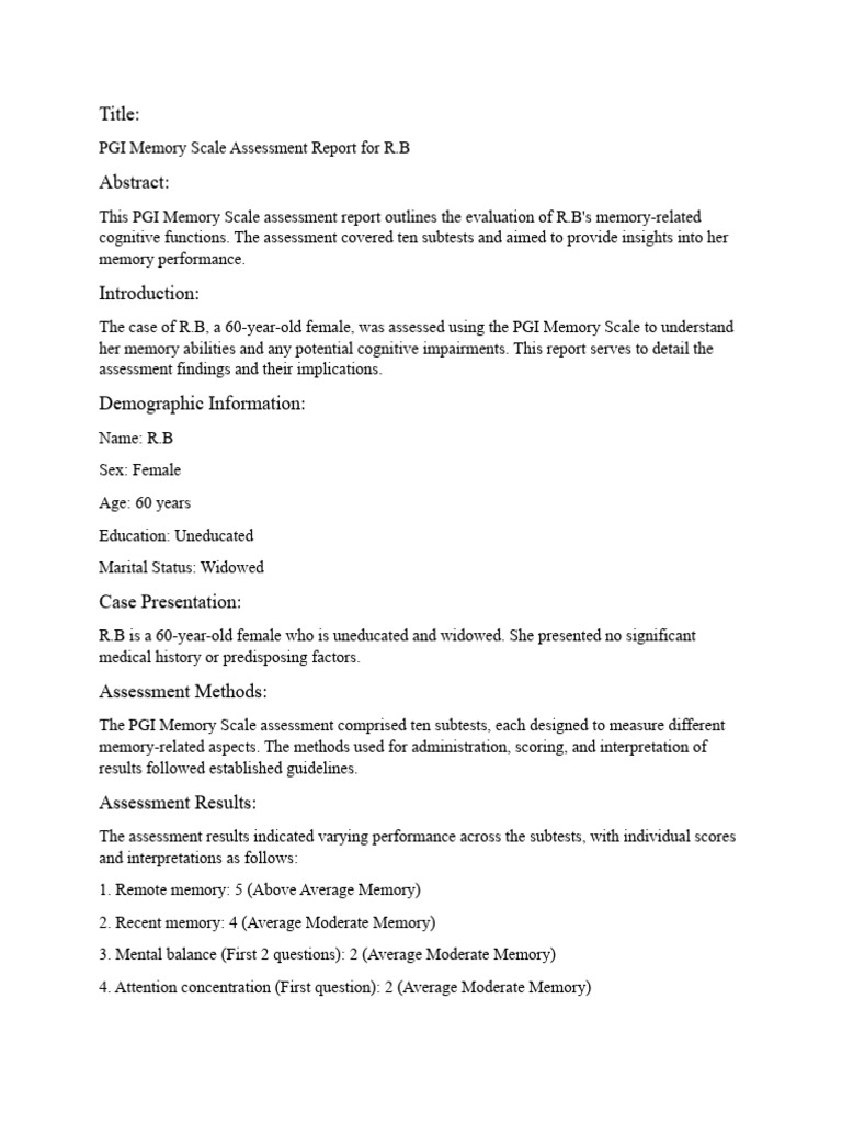 PGI - Memory Scale Assessment Report | PDF | Memory | Recall (Memory)