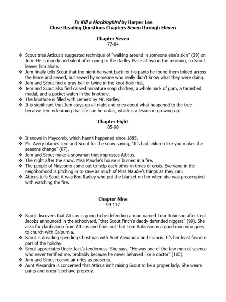 Ch. 7-11 Close Reading Questions Key | PDF | To Kill A Mockingbird