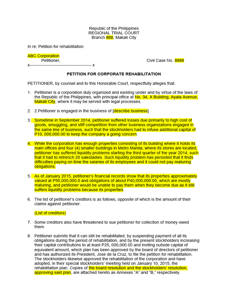 Sample Petition | PDF | Debt | Creditor