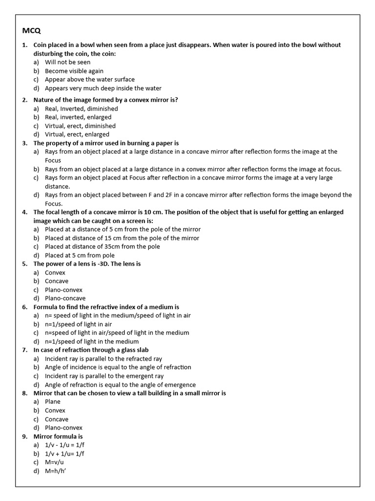 MCQ 1 To 20 Light | PDF | Mirror | Electrodynamics