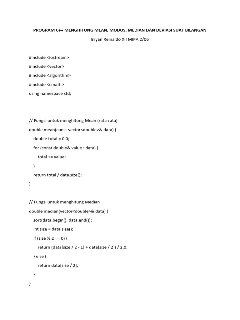 Program C++ Menghitung Mean Modus Median Dan Deviasi - Bryan Reinaldo ...