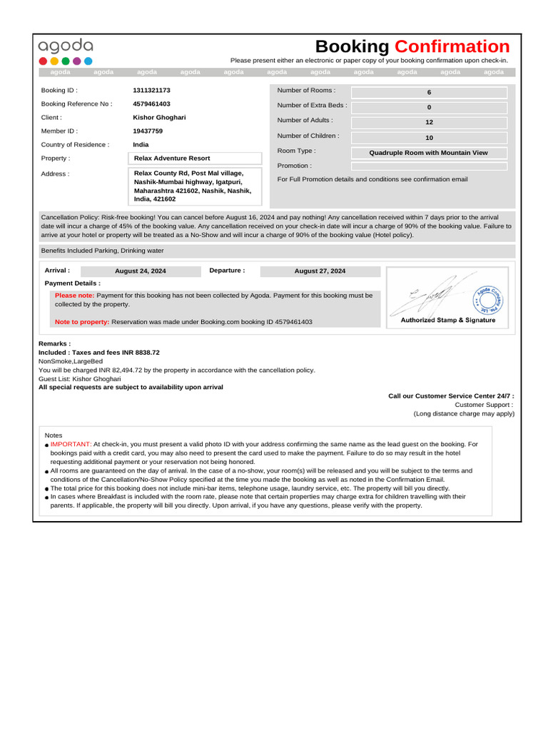 Confirmation For Booking ID # 1311321173 | PDF | Payments