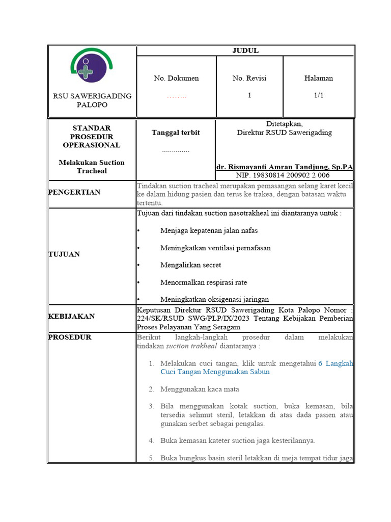 SOP Melakukan Suction Trachealhhh | PDF
