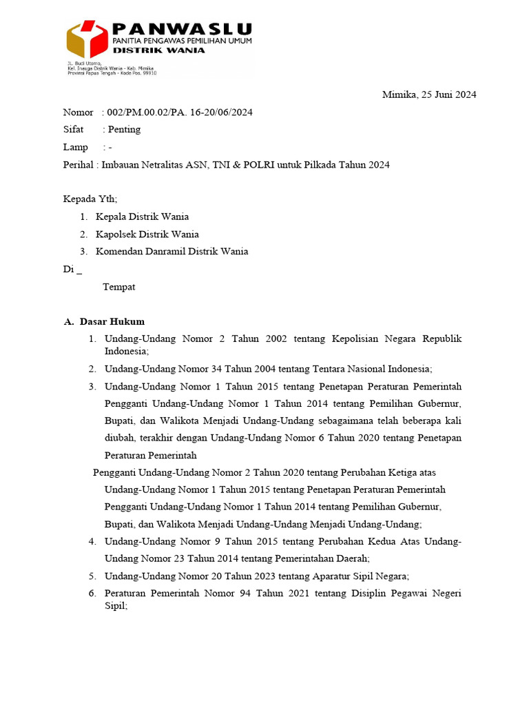 Surat Himbauan Netralitas Asn, Tni Dan Porli | PDF