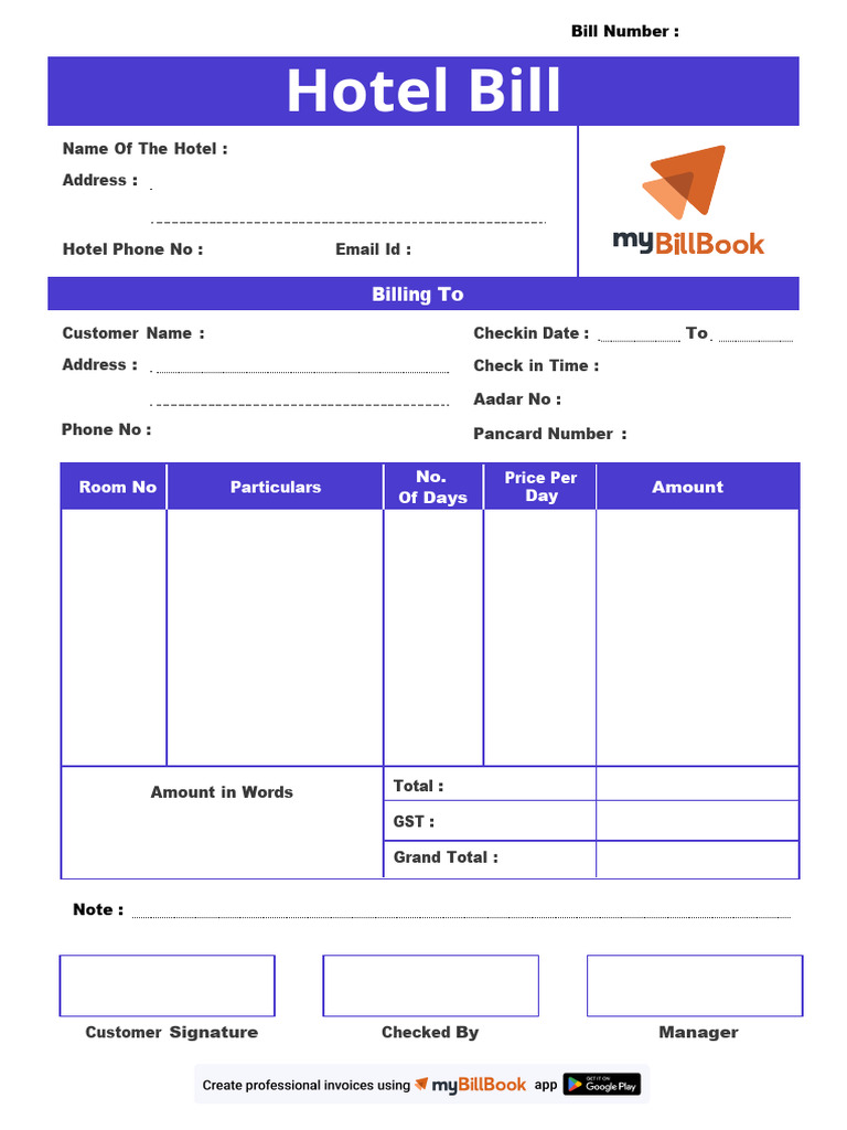 Hotel Bill Format in Word | PDF