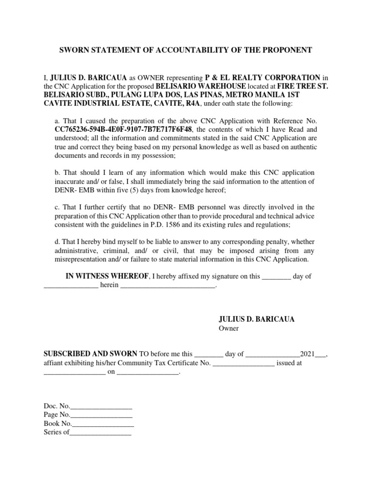 SWORN STATEMENT OF ACCOUNTABILITY OF THE PROPONENT Updated | PDF