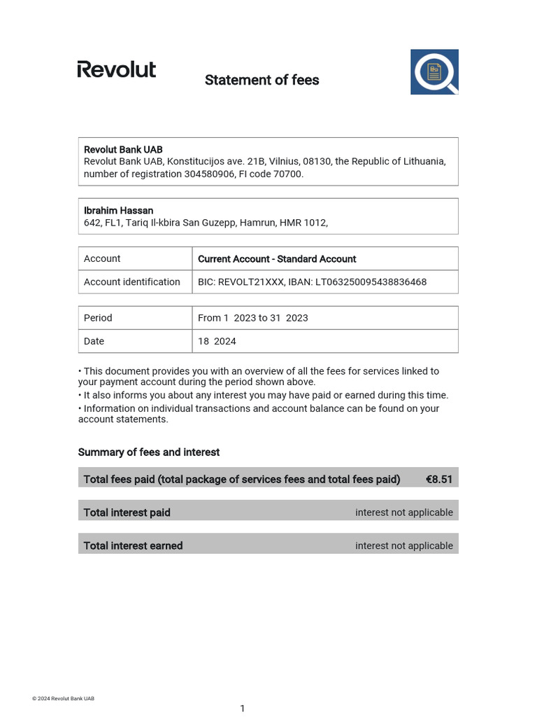 Statement of Fees | PDF | Fee | Debit Card